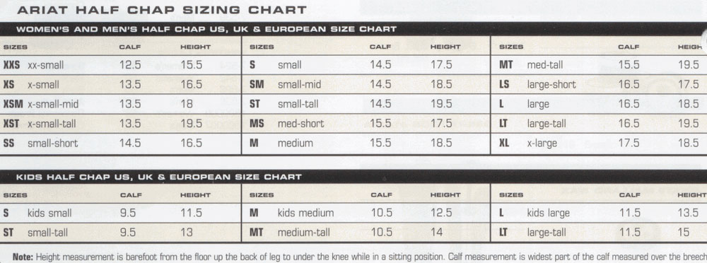 Ariat_Chaps_Sizes | Pennine Country Store